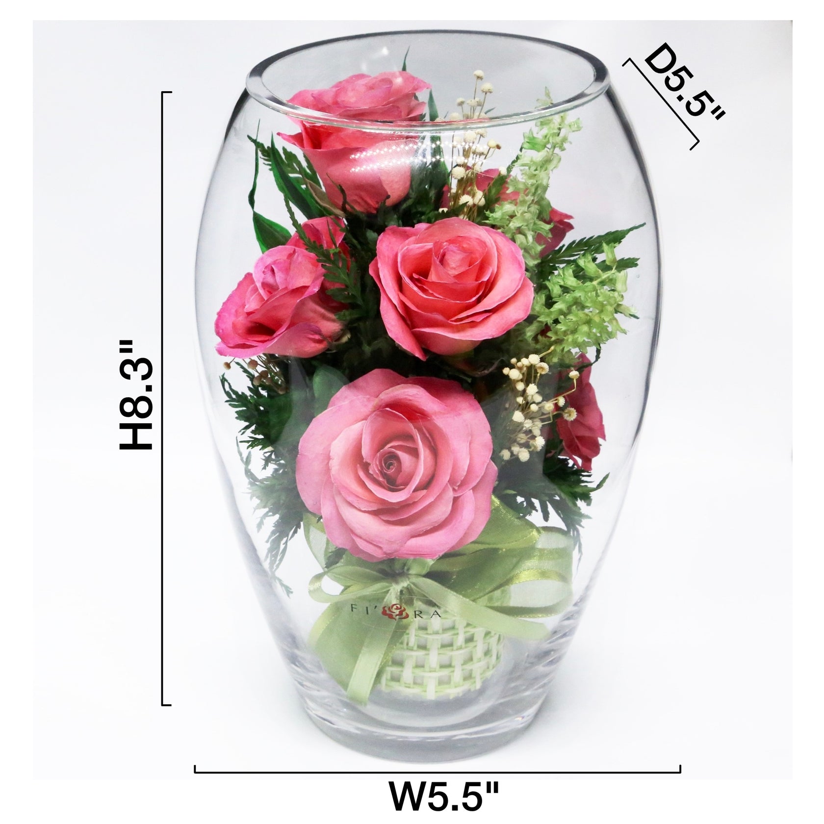 Rosy Charm: Seven Bright Pink Roses in an Elliptical Round Glass Vase ...
