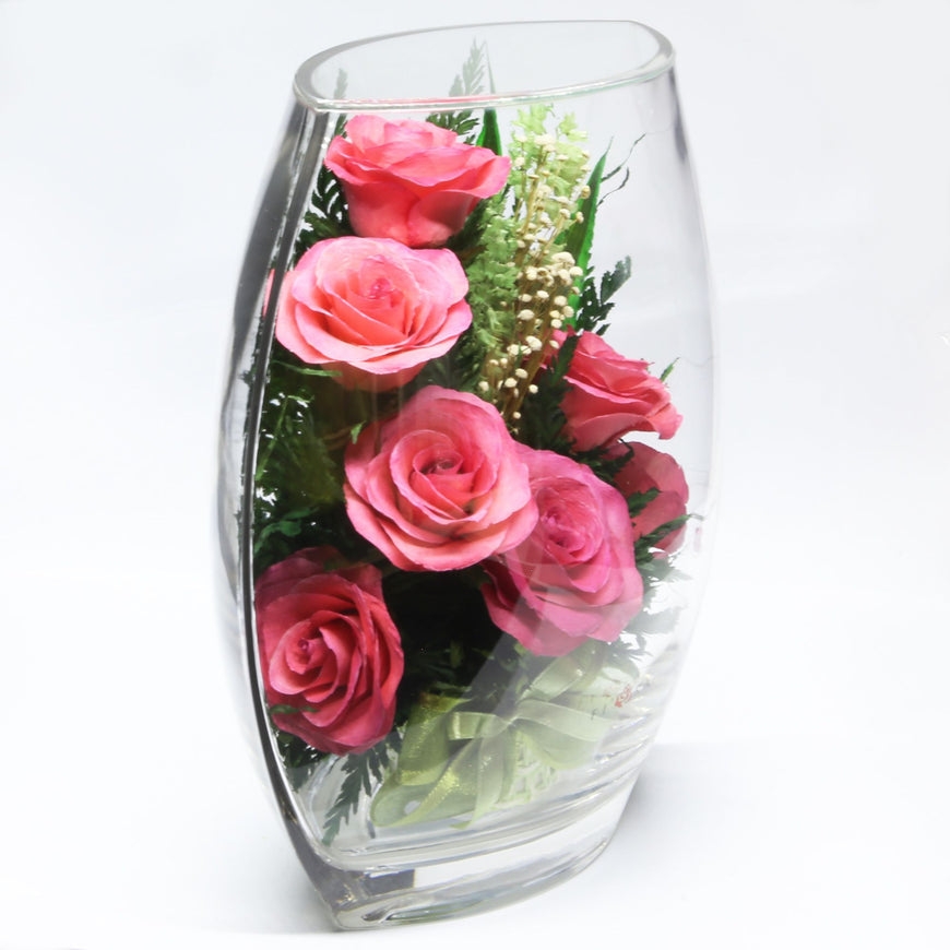 40339 Long-Lasting Pink Roses in a Sealed Glass Vase — FIORA FLOWER